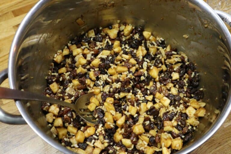 Mincemeat ingredients, mixed and ready for warming in the oven
